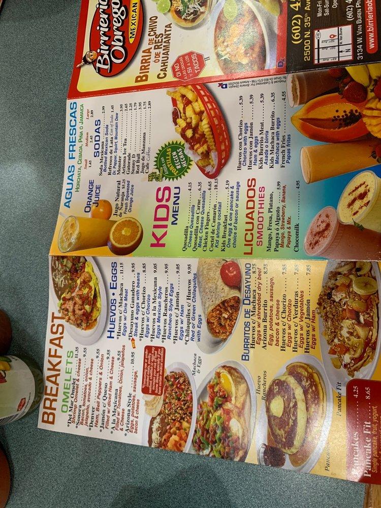 Menu at Birrieria Obregon restaurant, Phoenix, N 35th Ave