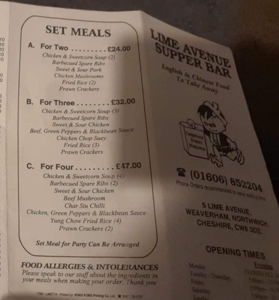 Menu at Lime Avenue Supper Bar, Northwich