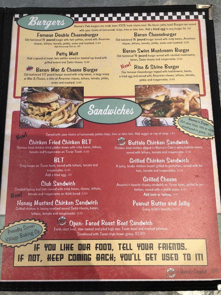Menu at Norma's Cafe, Plano