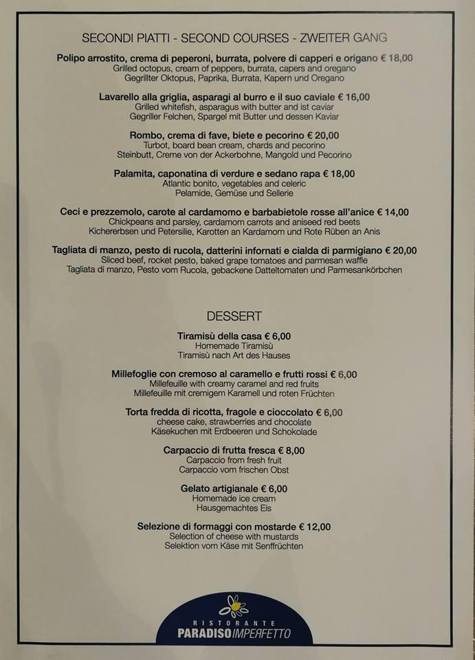 Menu da Ristorante Paradiso Imperfetto, San Zeno di Montagna