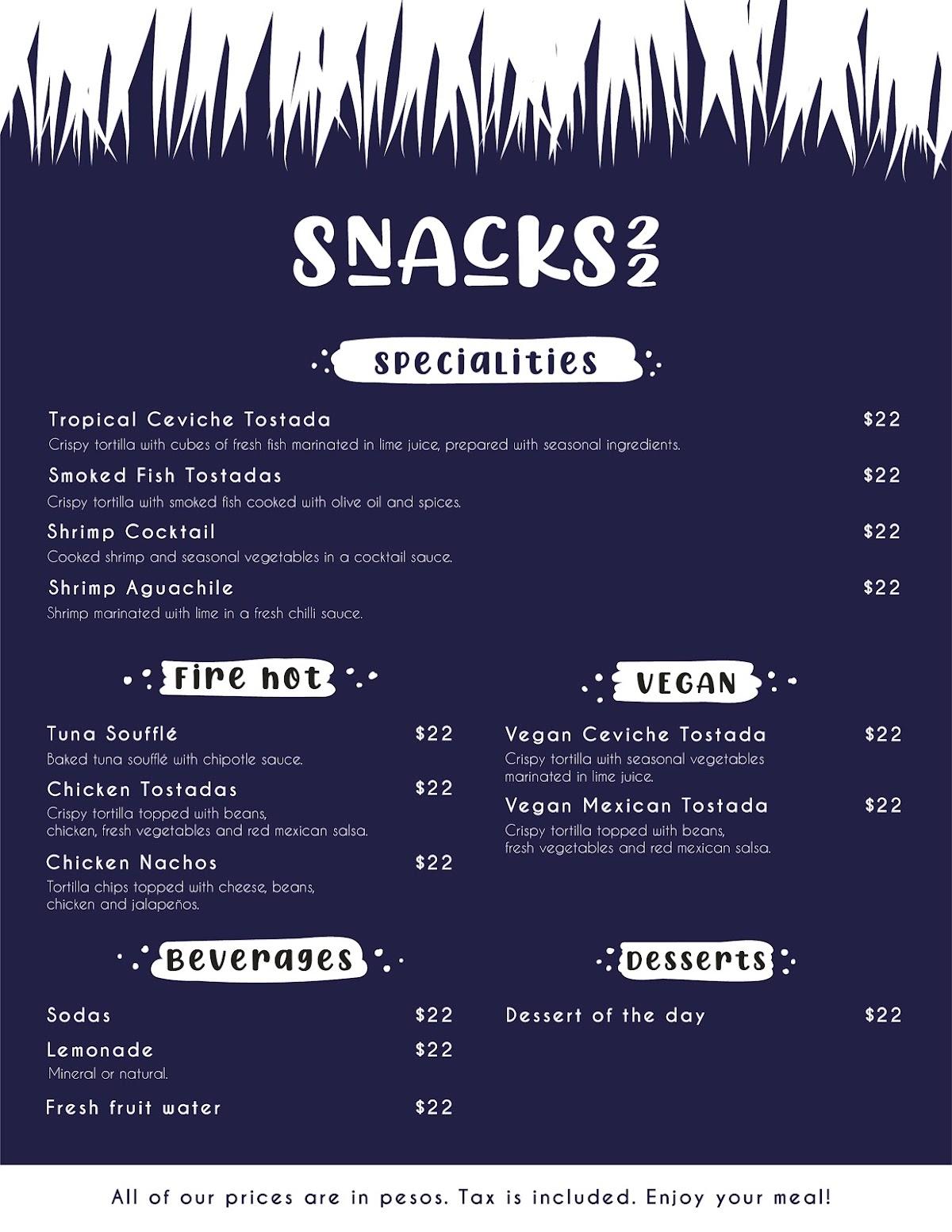 Menu at Snacks 22 restaurant, Loreto