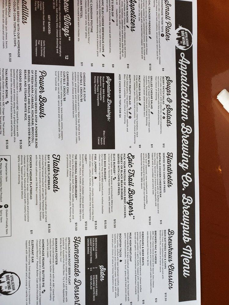 Menu at Appalachian Brewing Company of Gettysburg - Battlefield ...
