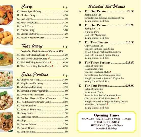 Menu at Beijing Palace restaurant, Peterborough