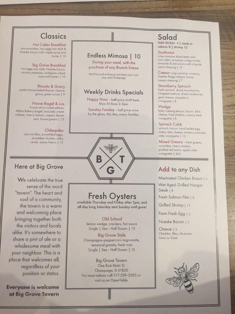 Menu at Big Grove Tavern pub & bar, Champaign