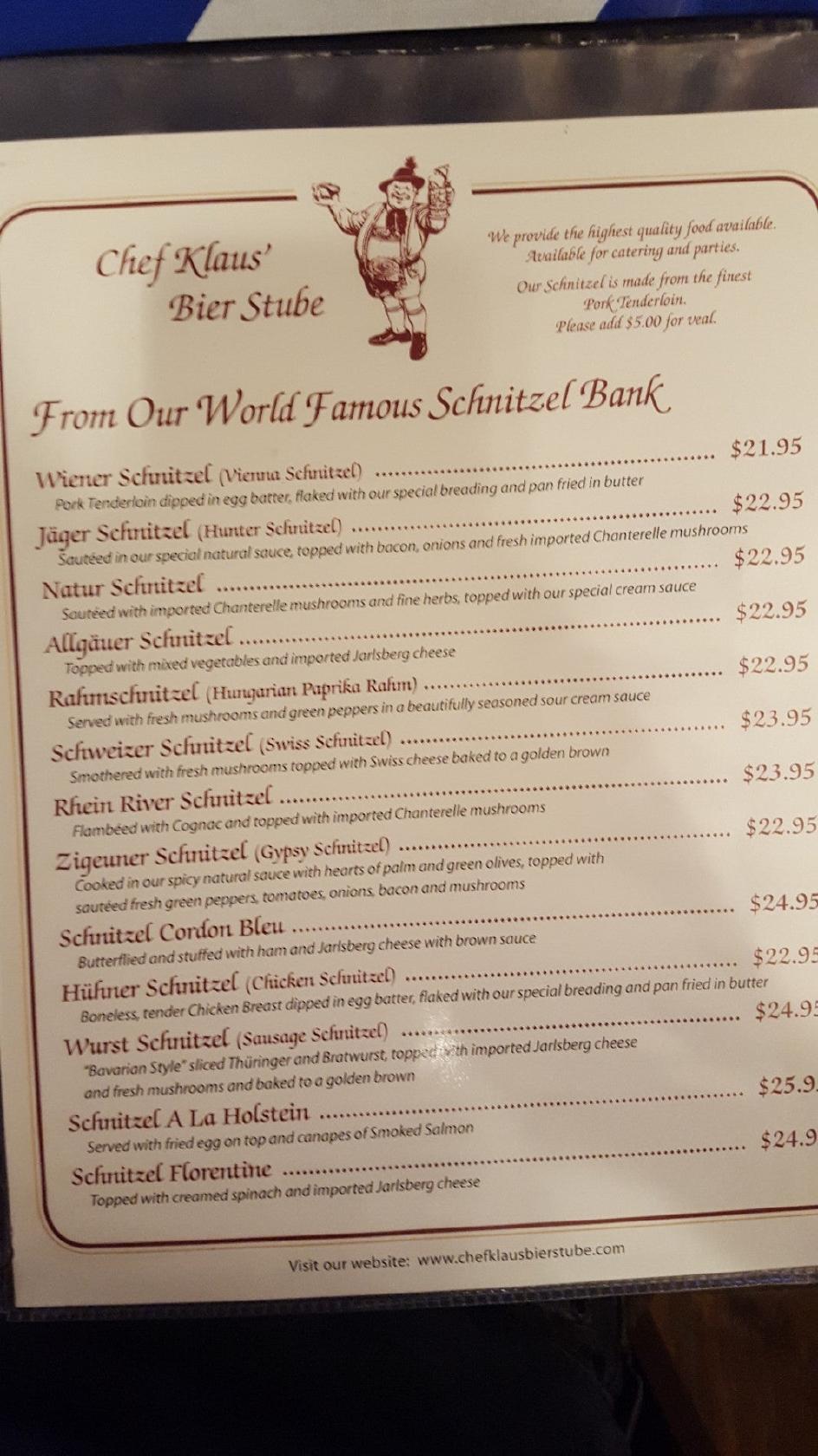 Menu at Chef Klaus' Bier Stube restaurant, Frankfort
