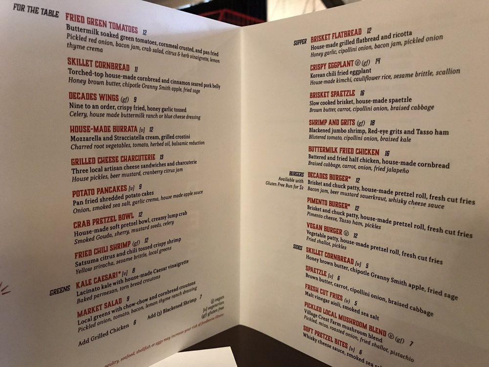 Menu at Decades pub & bar, Lancaster