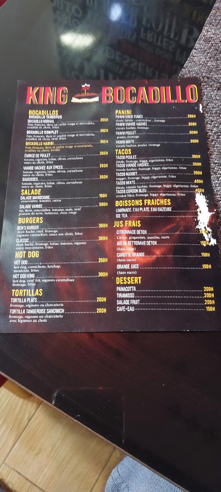 Carta del restaurante King bocadillo, Fez