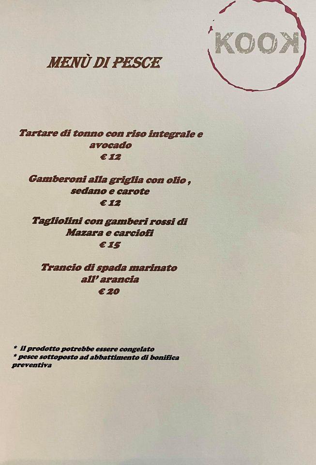 Menu at Kook restaurant, Rome, Via Cassia