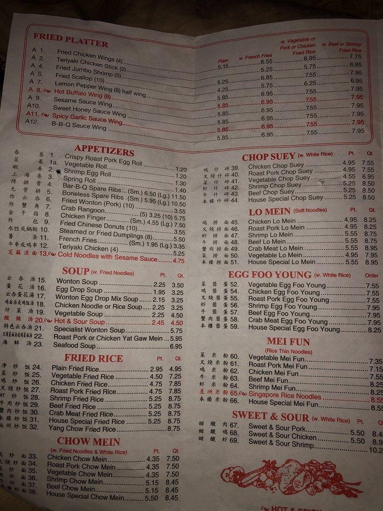 Menu at Kowloon Chinese restaurant, Winston-Salem