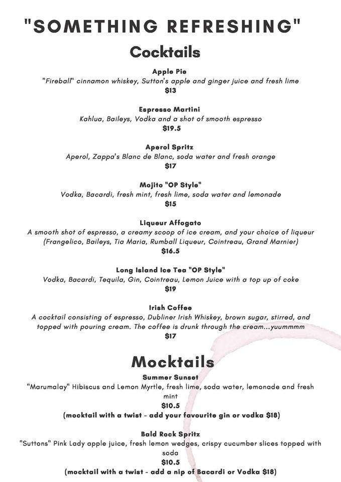 Menu at Our Place, Tenterfield