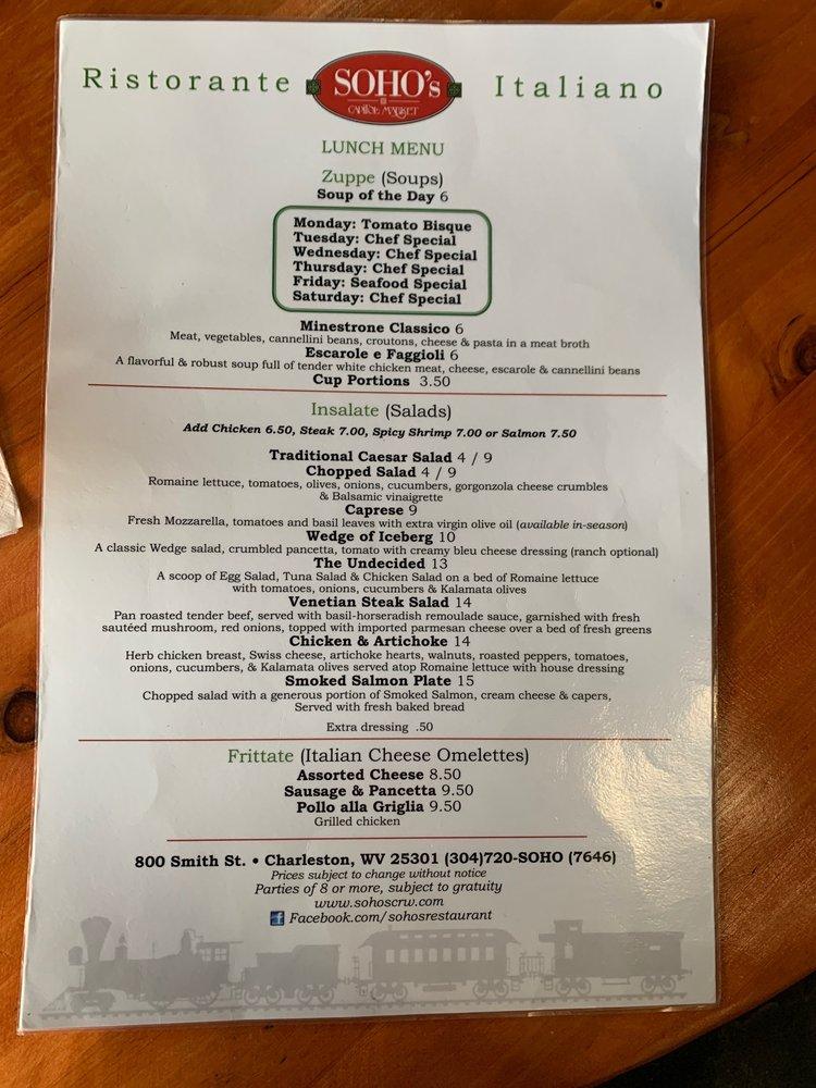 Menu at Soho's pizzeria, Charleston, 800 Smith St