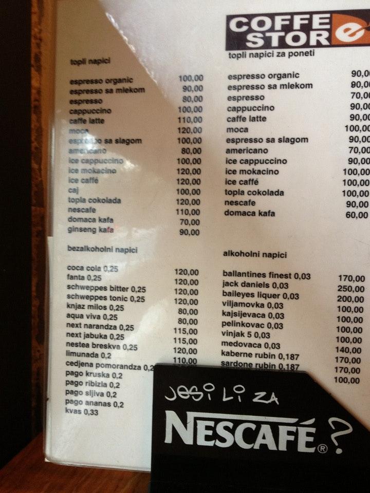 Menu at Coffee Store, Belgrade