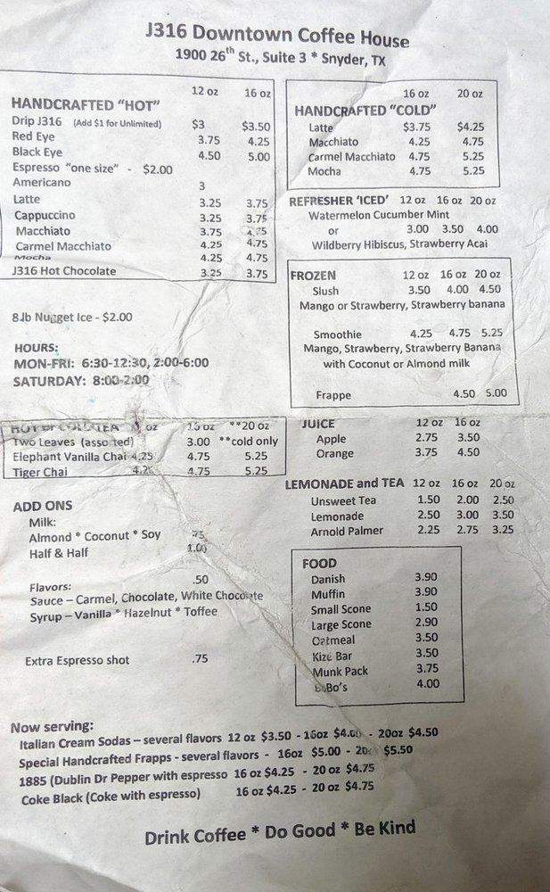 Menu at J316 Downtown Coffee House, Snyder