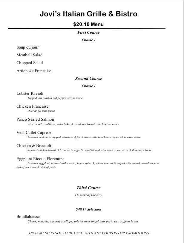 Menu at Jovi's restaurant, Buffalo