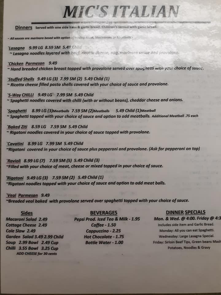 Menu at Mic's Italian Restaurant, Springfield, Mechanicsburg Rd