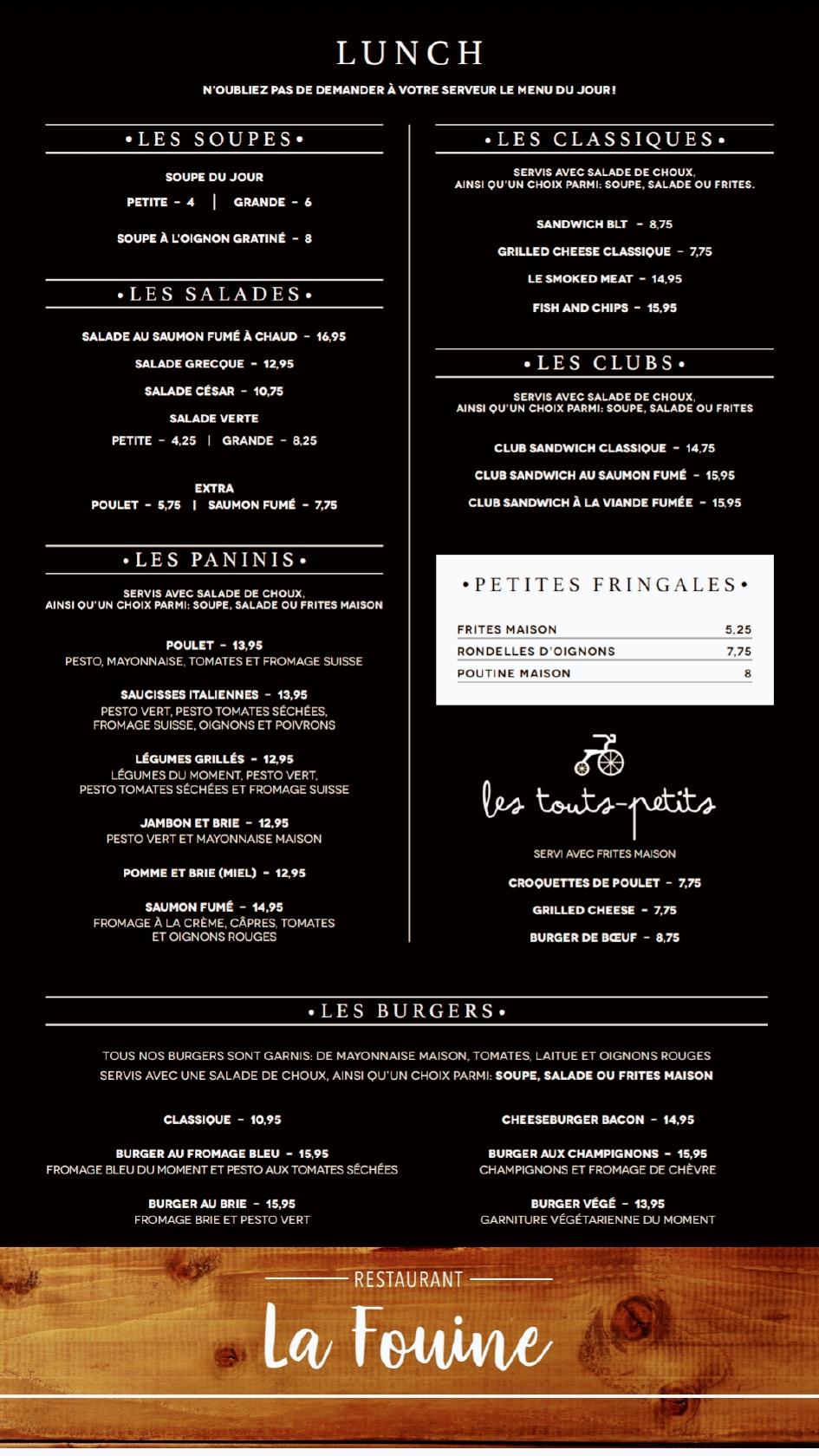 Menu au Restaurant La Fouine, Morin-Heights