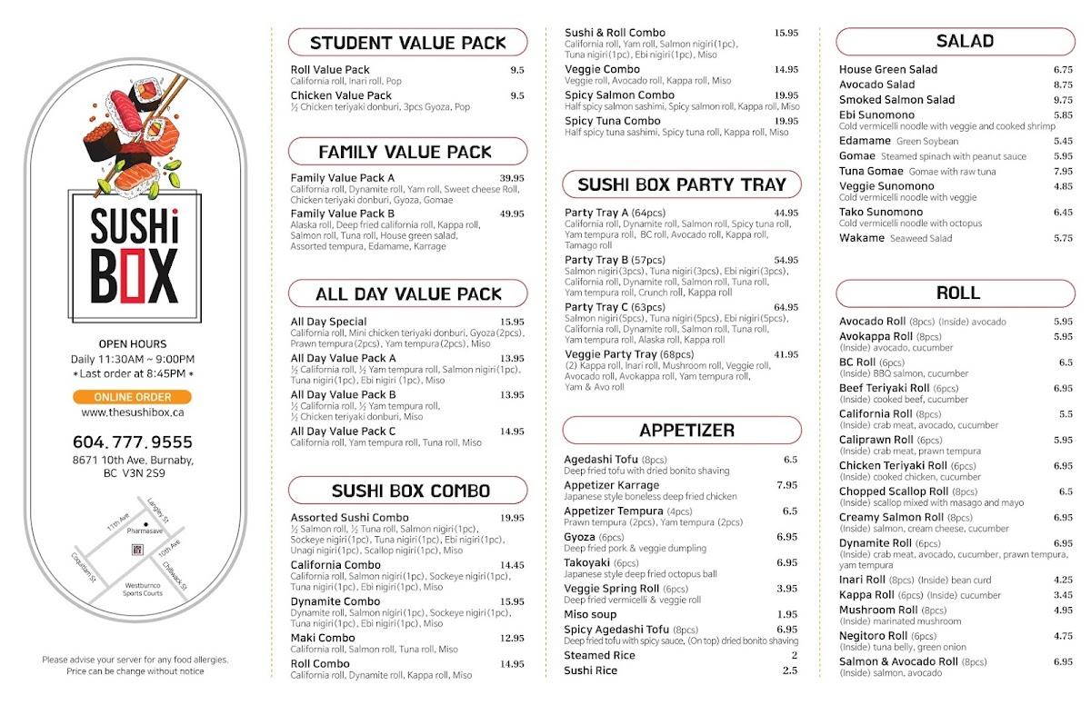 Menu at SUSHI BOX restaurant, Burnaby