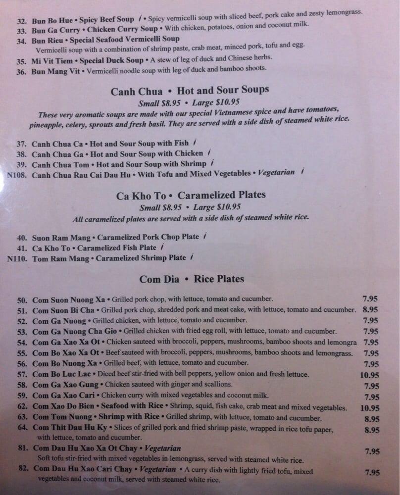 Menu at Saigon Hut restaurant, Boston