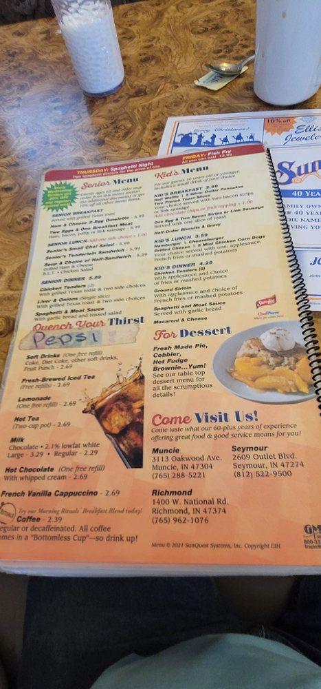 Menu at Sunshine Café restaurant, Seymour