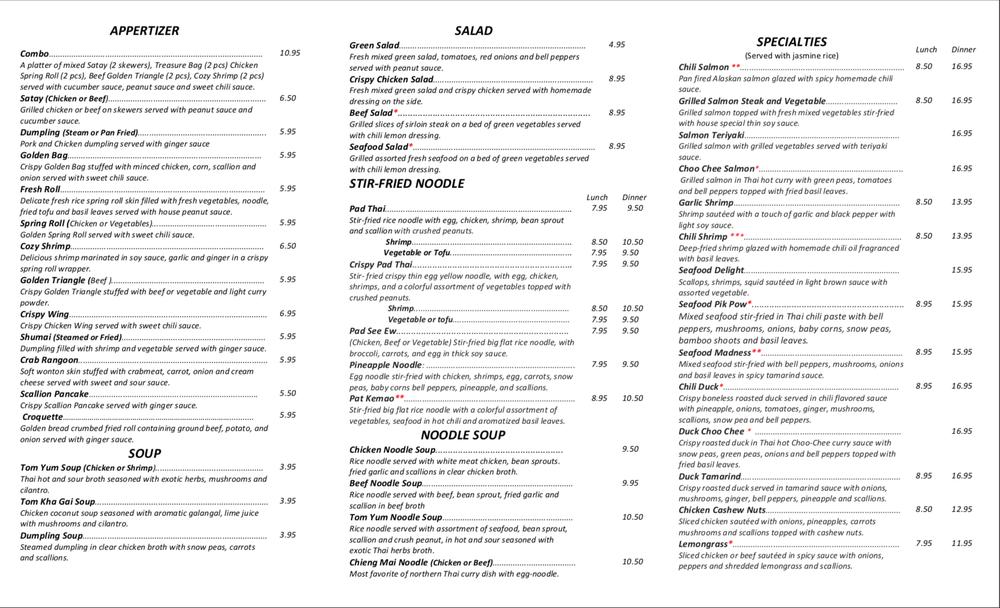 Menu at Thai All Seasons restaurant, Whitman