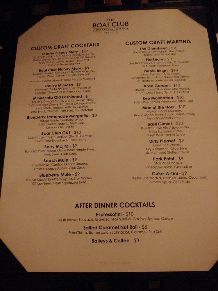 Menu at Boat Club Restaurant, Duluth