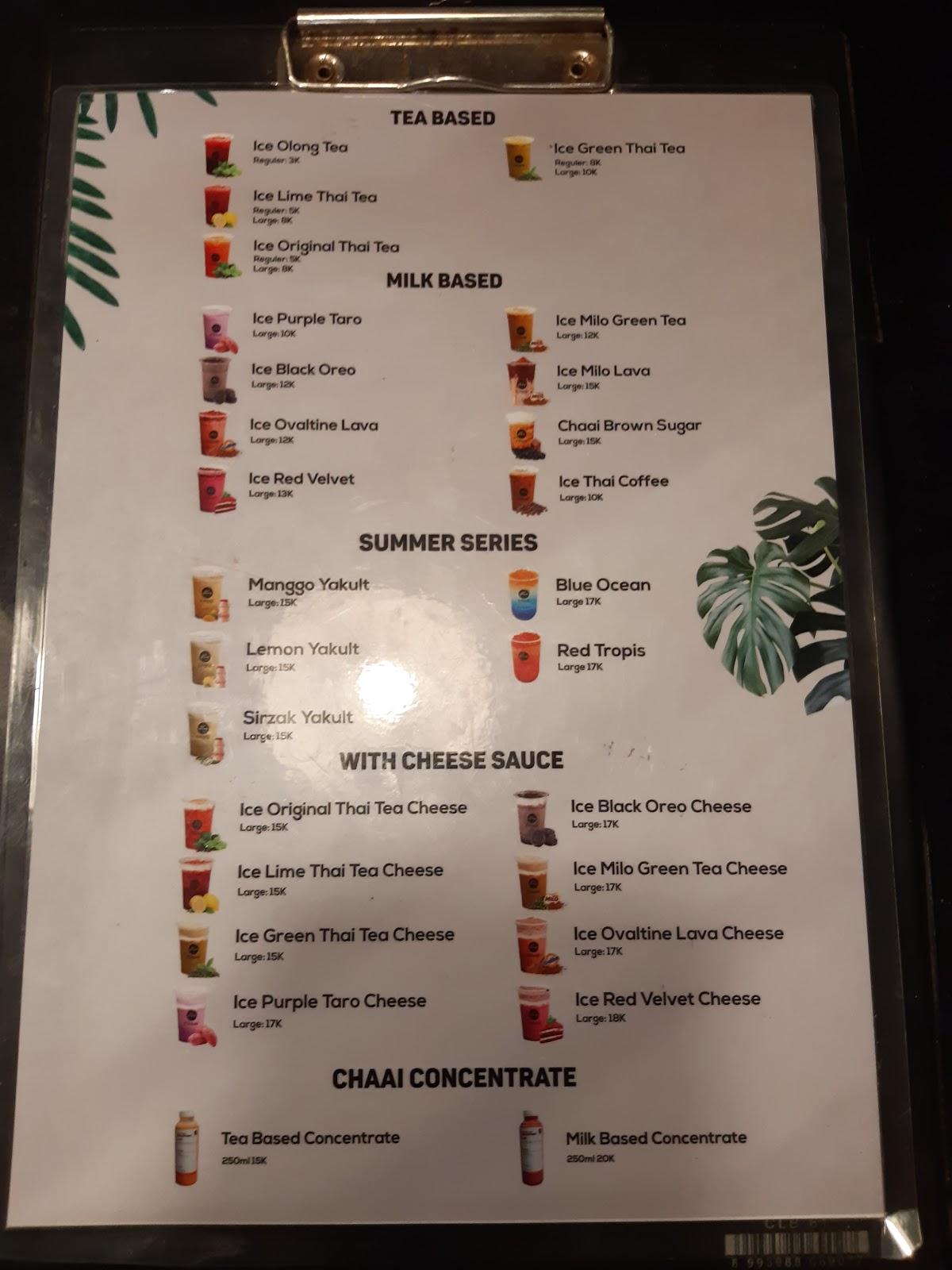 Menu at Chaai Jatinangor cafe, Cibeusi