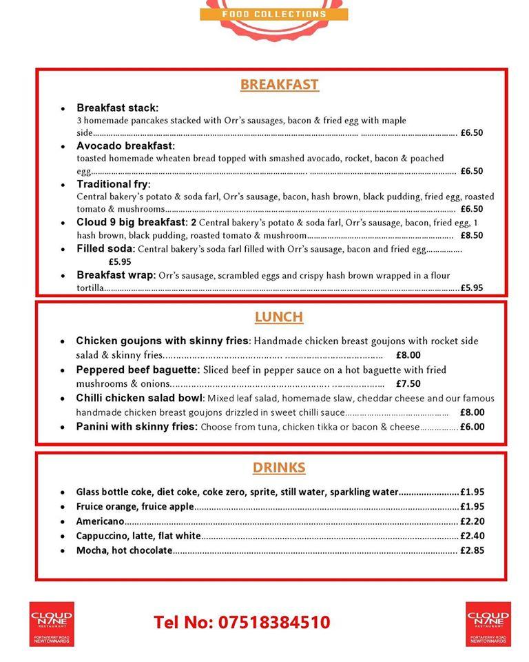 Menu at Cloud 9 Restaurant at the Ulster Flying Club, Newtownards