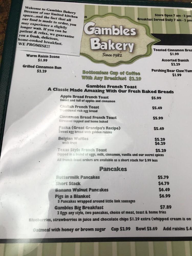 Menu at Gambles cafe, Queensbury