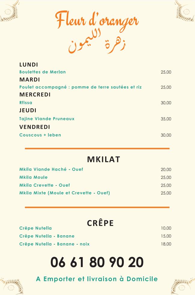 Menu at Laiterie fleur d'oranger restaurant, Tamaris