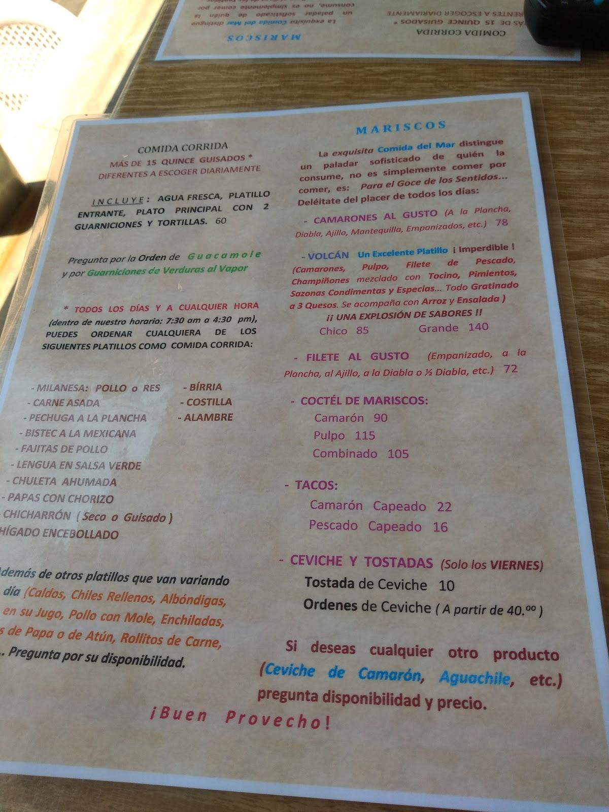 Menu at Las Margaritas restaurant, Guadalajara