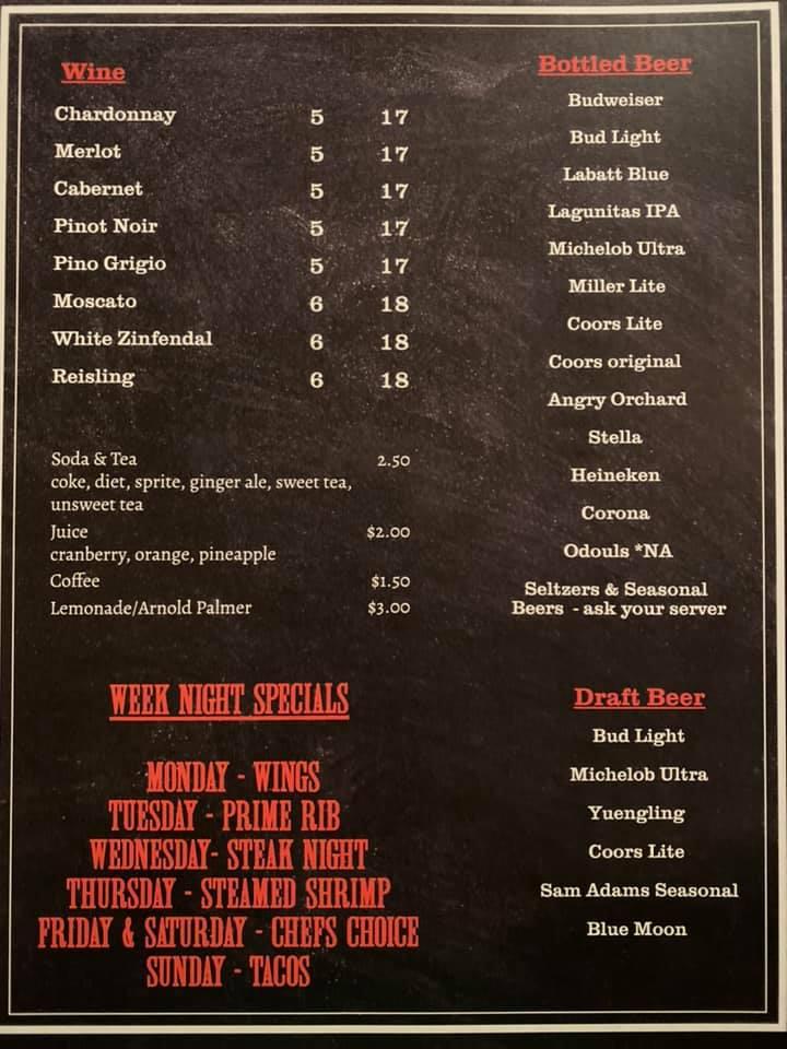 Menu at Palace Lounge pub & bar, Martinsburg