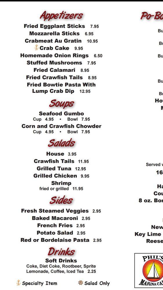 Menu at Phil's Marina Cafe, Slidell