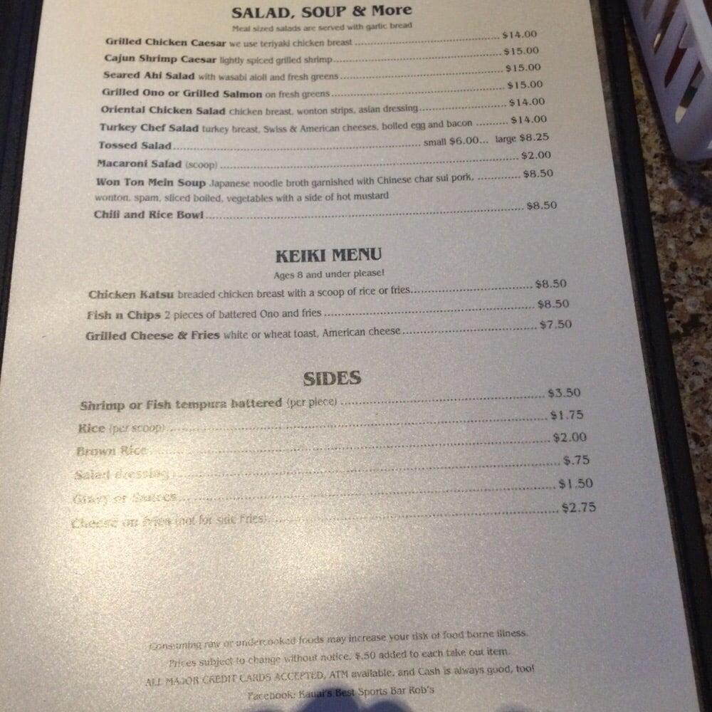 Menu at Rob's Good Times Grill pub & bar, Lihue