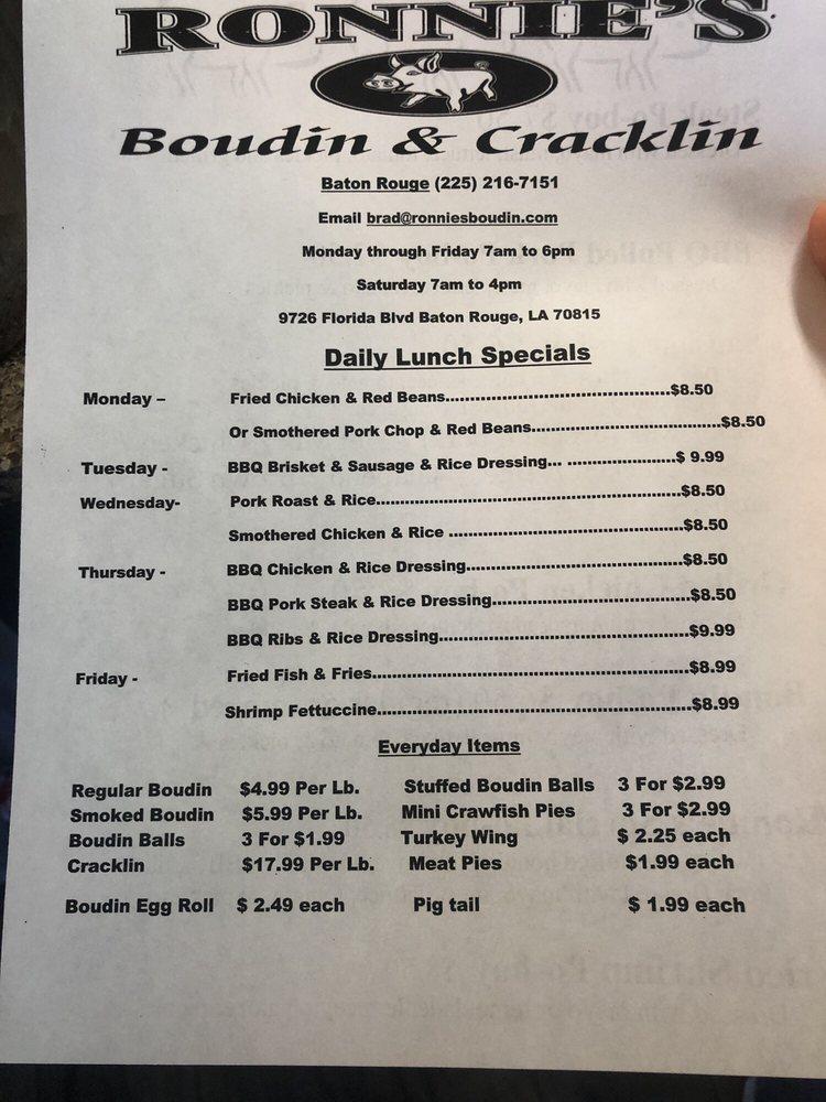 Menu at Ronnie's Boudin & Craklin pub & bar, Baton Rouge