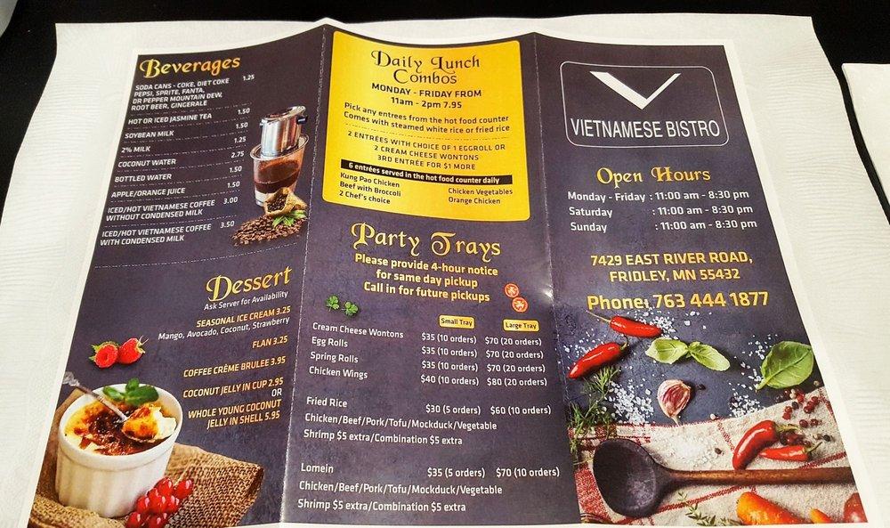 Menu at V-Bistro (Viet Bistro) restaurant, Fridley