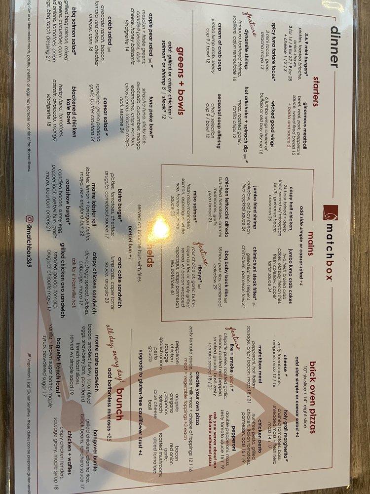 Menu at matchbox pizzeria, Reston