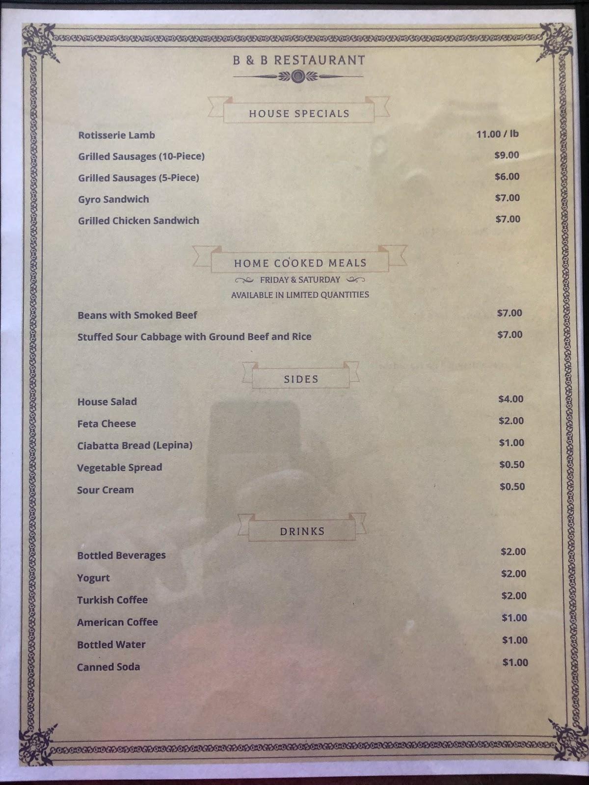 Menu at Balkan House restaurant, Jacksonville