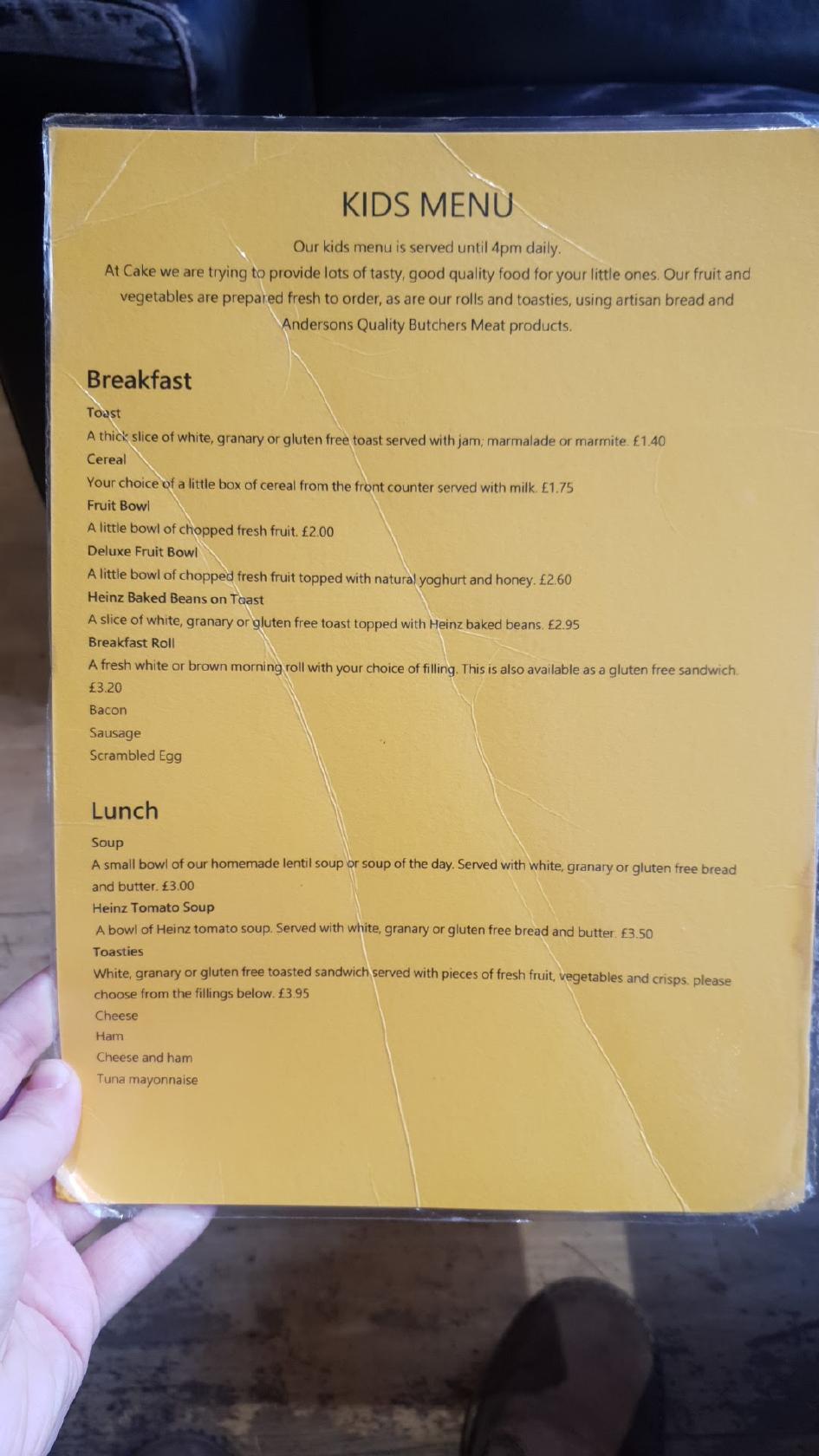 Menu at Cake Cafe, North Berwick
