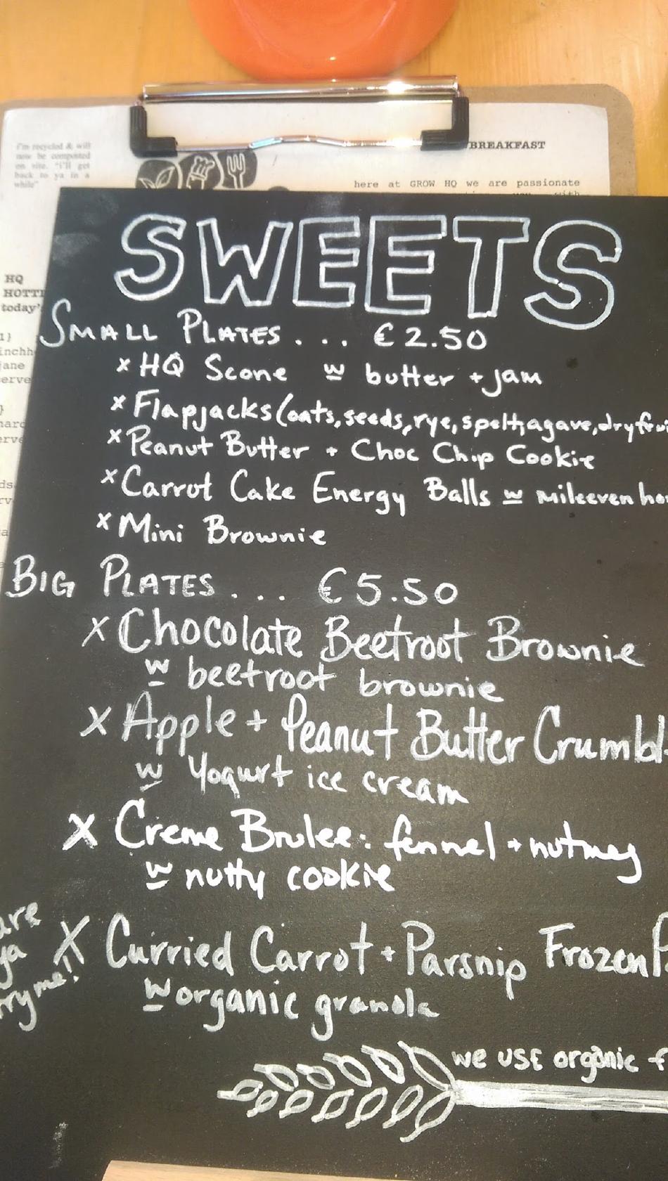 Menu at GROW HQ cafe, Waterford