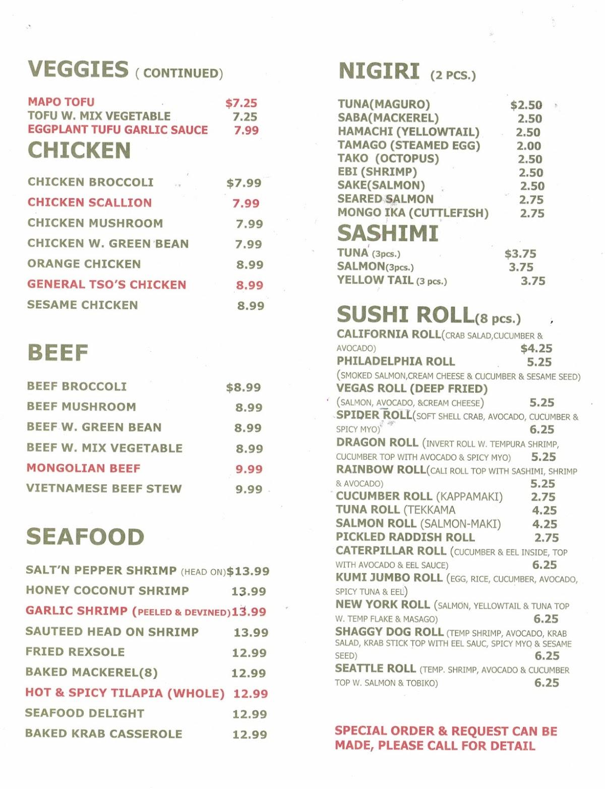 Menu at Kumi Buffet restaurant, Happy Valley