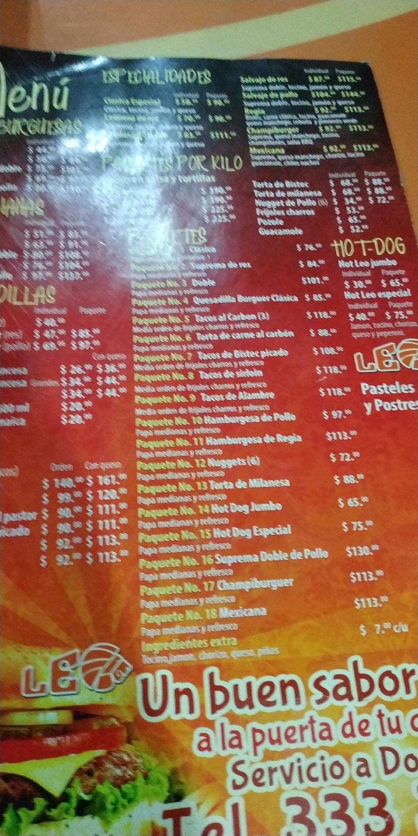 Carta del restaurante Leo, Paraíso