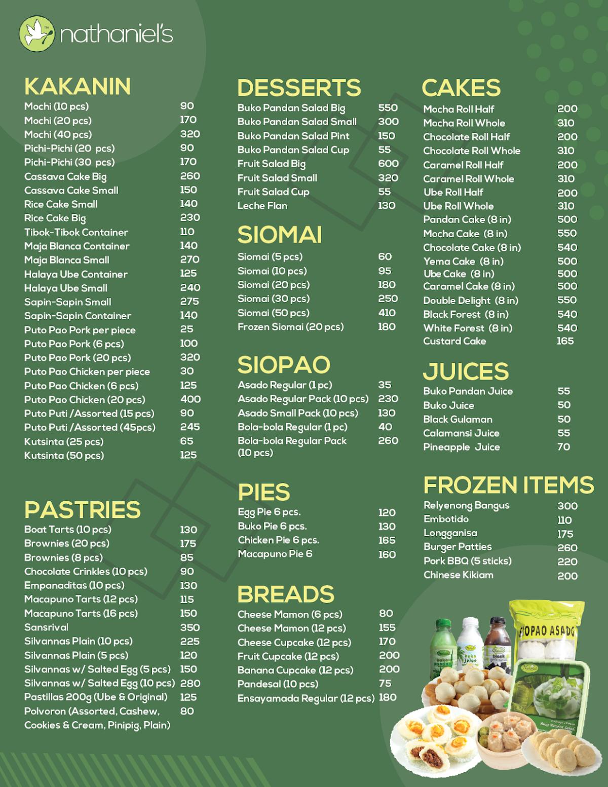 Menu at Nathaniel's Bakeshop restaurant, Tarlac City