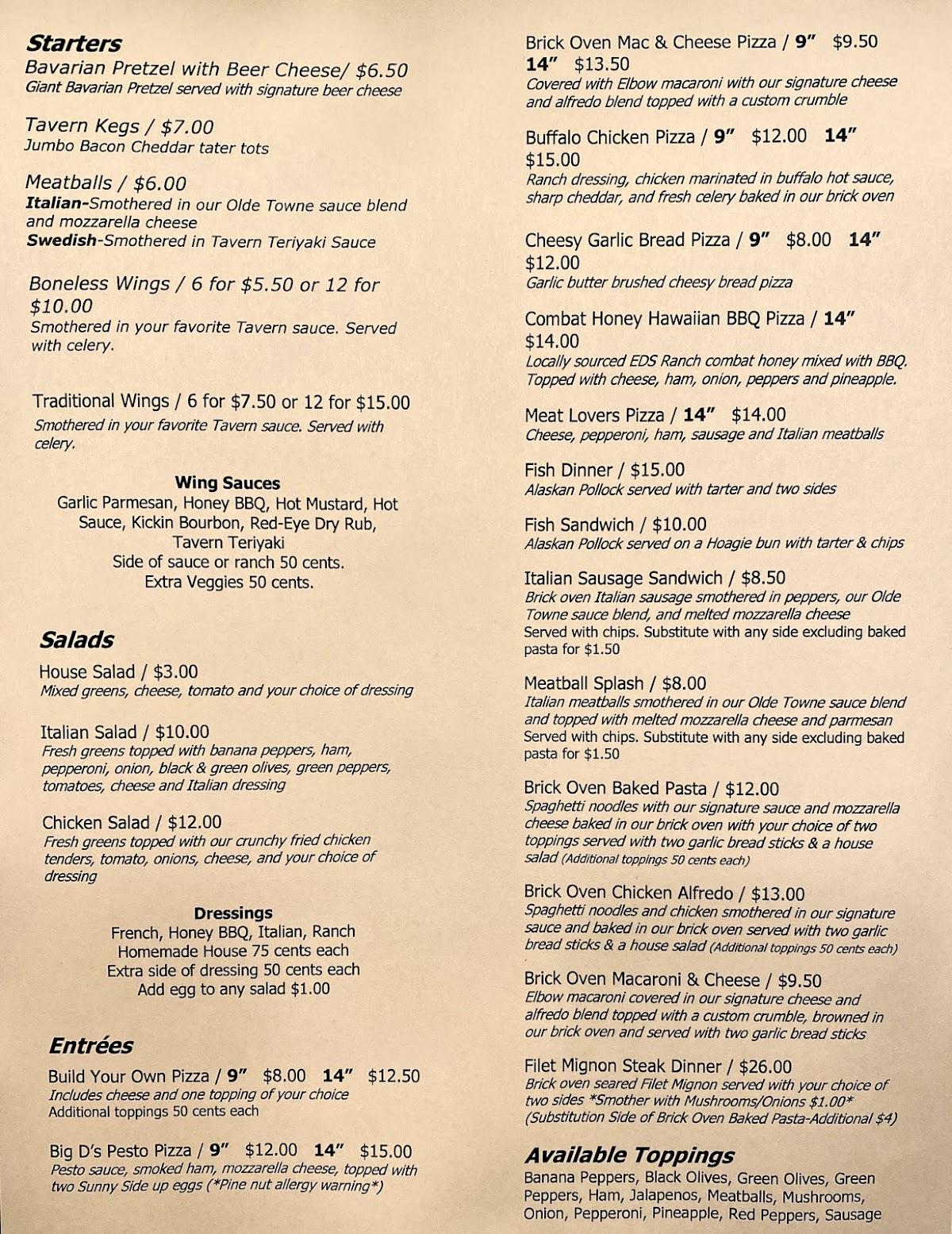 Menu at Olde Towne Tavern pub & bar, Tuscarawas