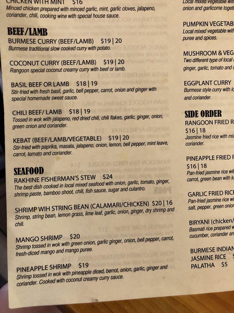 Menu at Rangoon Burmese kitchen restaurant, Honolulu
