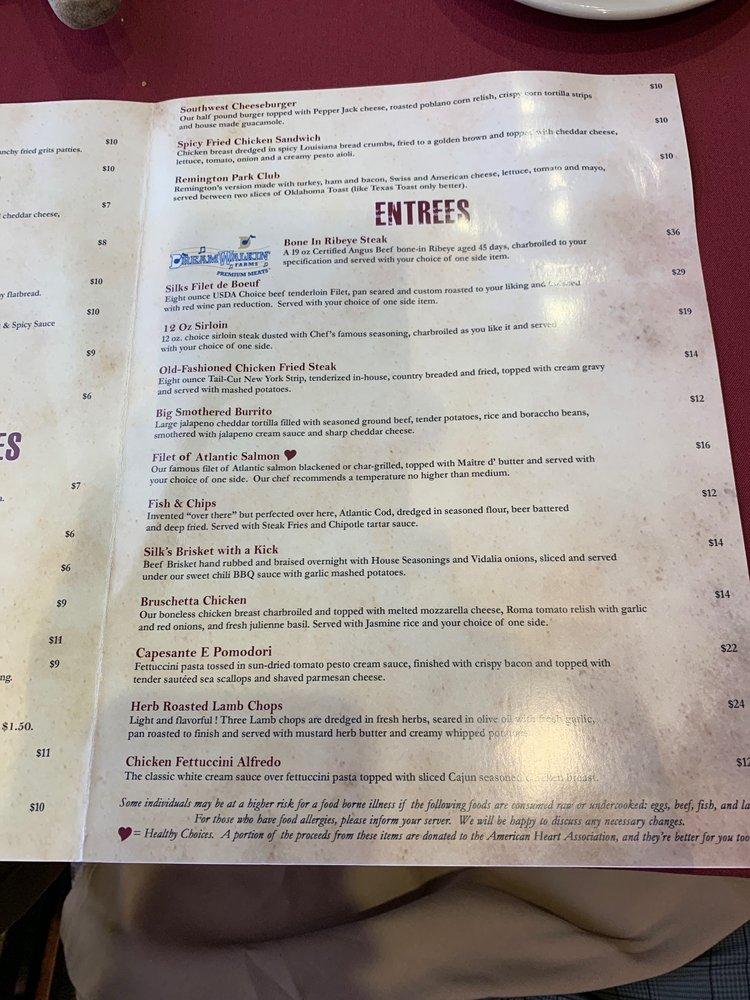 Carta del restaurante Silks, Oklahoma City