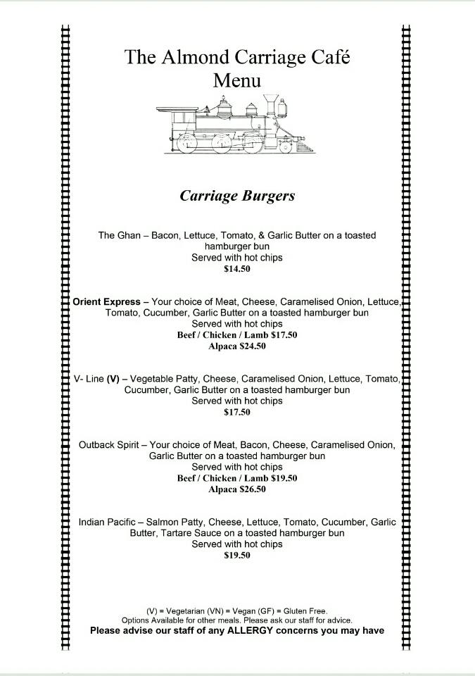 Menu at The Almond Carriage Cafe, McLaren Vale