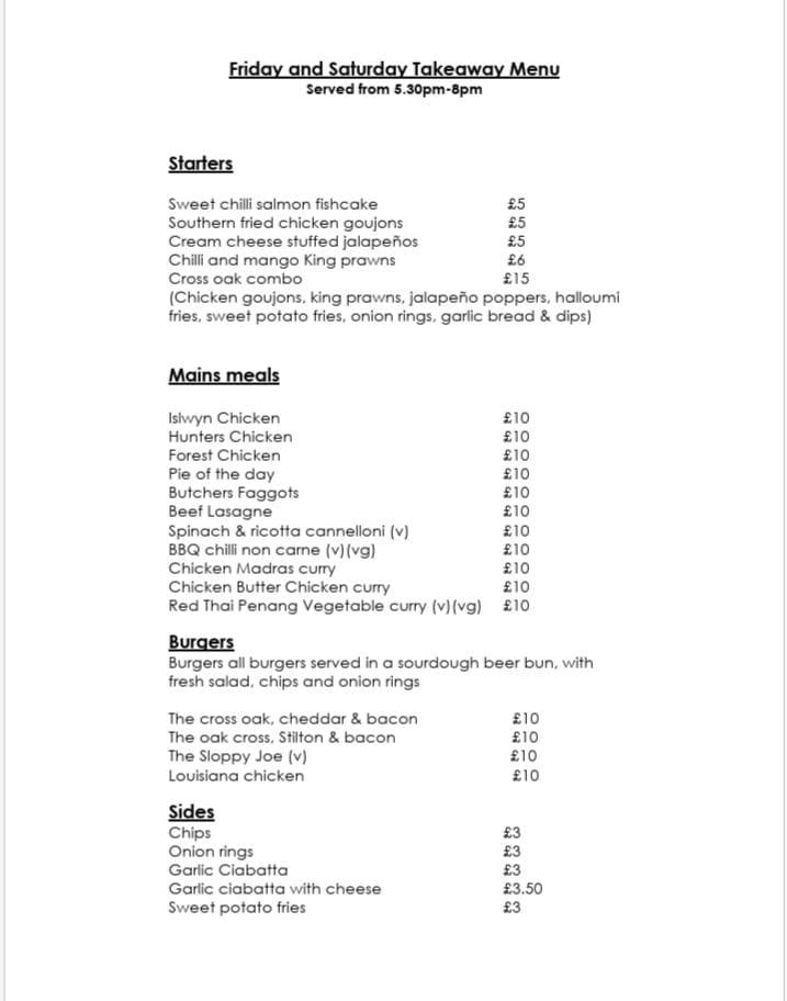 Menu at The Cross Oak pub & bar, Blackwood