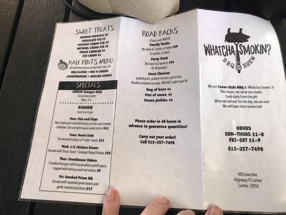 Menu at Whatcha Smokin BBQ & Brew, Luther