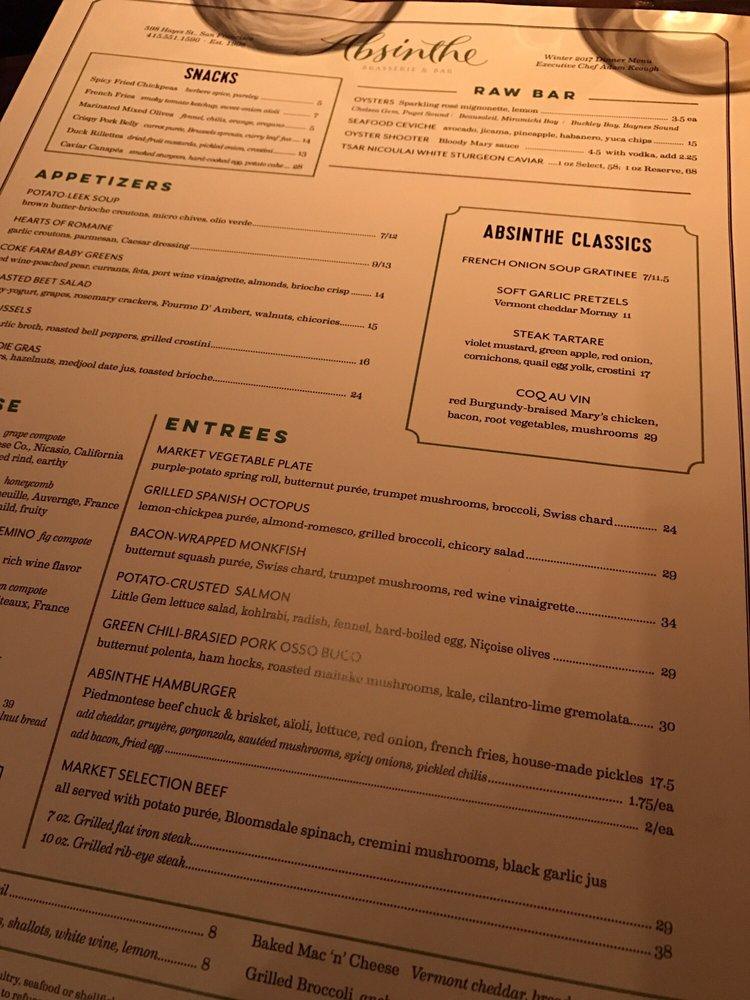 Menu at Absinthe Brasserie & Bar, San Francisco, 398 Hayes St