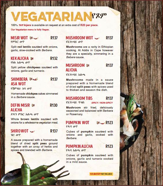 Menu au Addis in Cape Ethiopian Restaurant, Le Cap